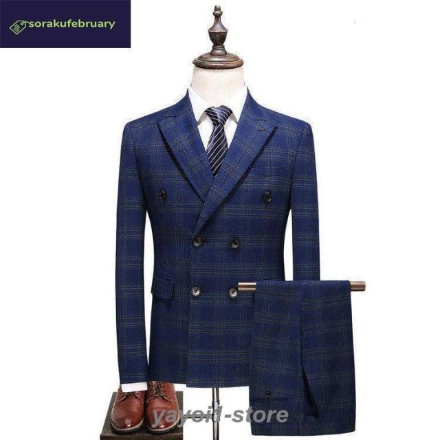 ダブルスーツ メンズ チェック柄 3ピーススーツ スリーピース スリーピー スーツ ビジネススーツ セットアップ 6つボタン 結婚式 秋夏