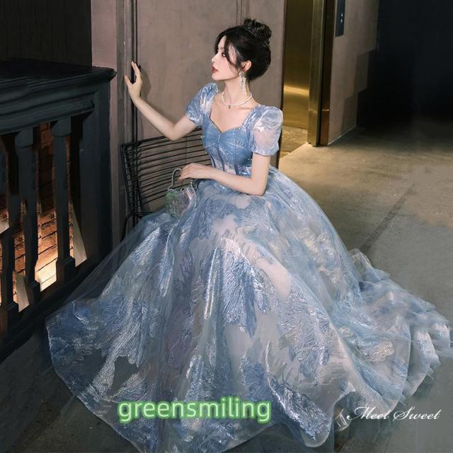 カラードレス ロングドレス パーティードレス 半袖 ブルー 花柄 編み上げ ウェディングドレス ウエディングドレス 結婚式 二次会 花嫁 前撮り 演奏会 発表会