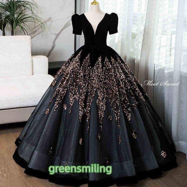 カラードレス ブラック 半袖 スパンコール ウェディングドレス 二次会 演奏会 発表会 ロングドレス 結婚式 大人 舞台 ステージドレス ウエディングドレス