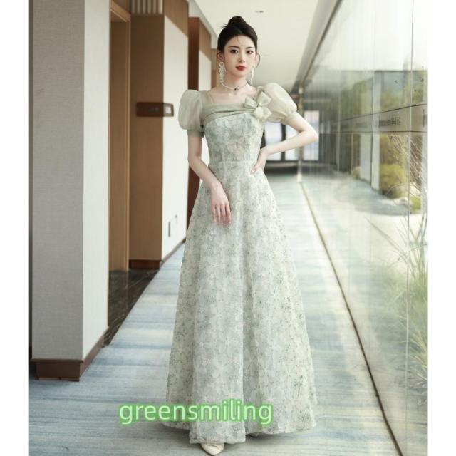 カラードレス ロングドレス グリーン 花柄 半袖 パフスリーブ 結婚式 二次会 発表会 演奏会 ウェディングドレス ウエディングドレス 卒業式 イブニングドレス