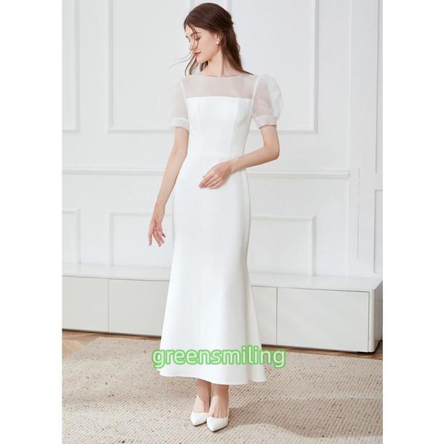 ウェディングドレス ロングドレス マキシドレス 半袖 サテン ワンピース 白 パフスリーブ 二次会 結婚式 前撮り ブライダル 花嫁 ウエディングドレス