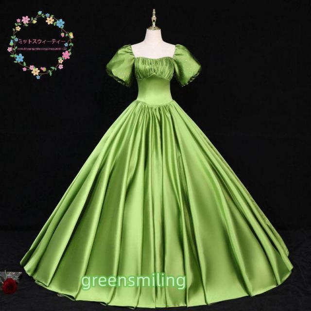 カラードレス 演奏会 グリーン レッド イー オレンジ ブラウン パープル ピンク サテン 半袖 Aラインドレス 発表会 コンサート 大人 コンクール シンプル