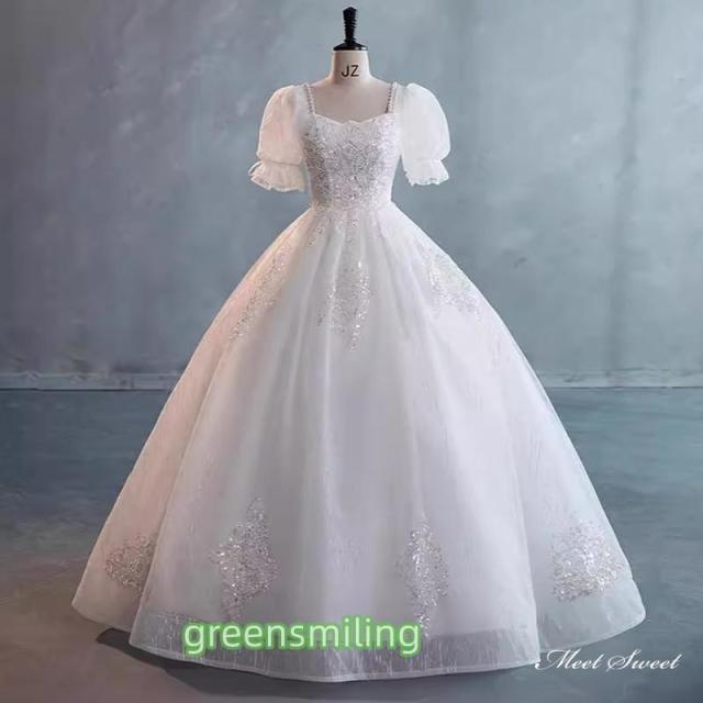 ウェディングドレス ロングドレス プリンセスラインドレス 半袖 パフスリーブ 二次会 結婚式 前撮り 花嫁 ウエディングドレス チュール 挙式 ブライダル