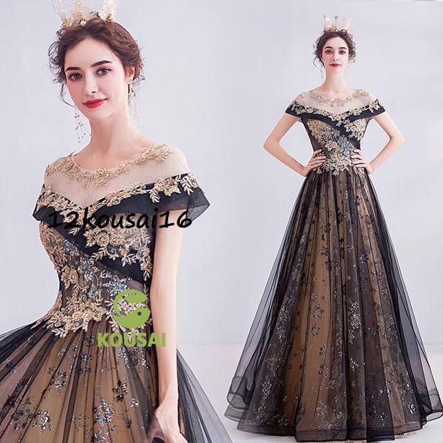 イブニングドレス 黒 金色 エンパイアドレス 40代 50代 スパンコール パーティードレス 袖あり 高級感 素敵 発表会ドレ 演奏会 二次会