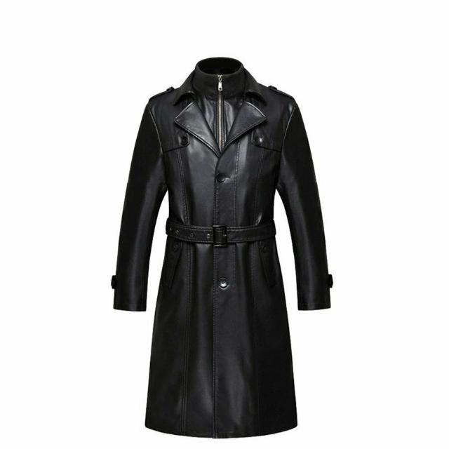 【爆買】レザーコート　ラム革コート 　裏起毛　膝丈　ロングコート　トレンチコート　防寒　ビジネス　バイクジャケット ブラック