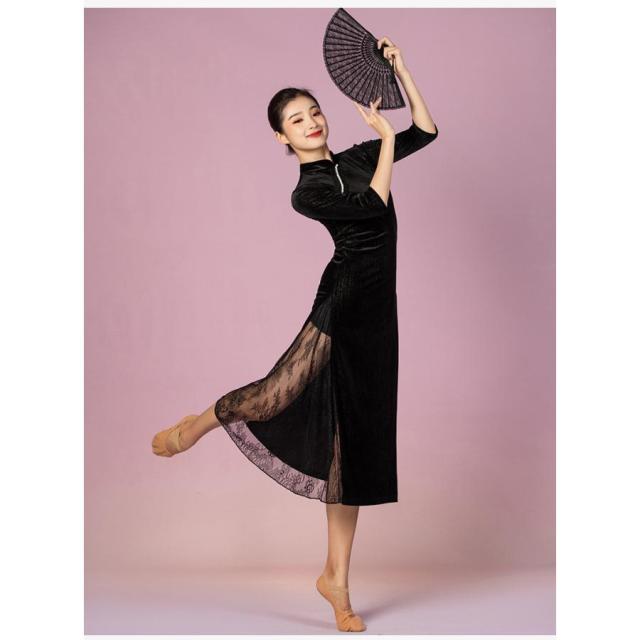 チャイナドレス レディースワンピース ダンスウエア中華風ロングドレス中袖スタンドカラー 社交ダンス モダンドレス刺繍レース パールビーズ全店二点送料無料