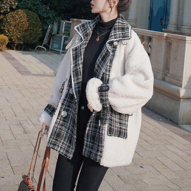 ボアジャケット レディース ボアコート ショート丈 暖かい 防寒アウター 体型カバー チェック柄 ドッキングジャケット おしゃれ