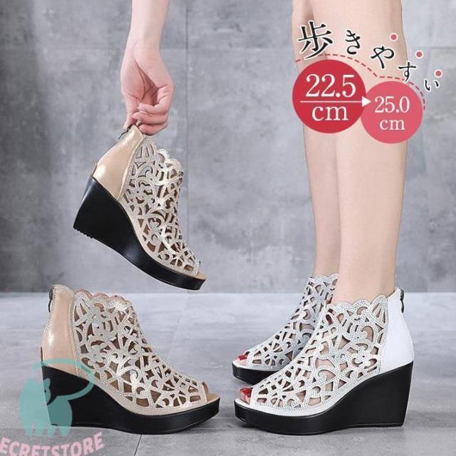 サマーブーツ サンダル レディース 夏 秋 美脚 太ヒール ウェッジソール ショート丈 透かし カジュアル 厚底 疲れない おしゃれ 大人 新作