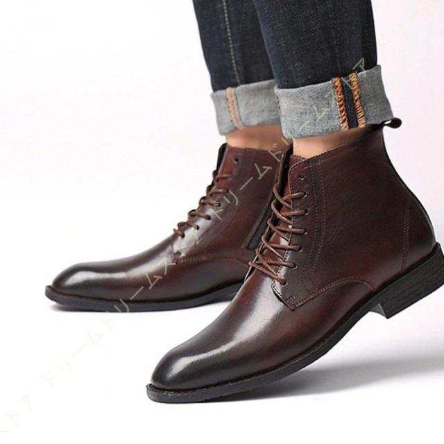 【送料無料】チャッカブーツ メンズ 本革 ビジネスシューズ 紳士靴 外羽根 通気性 ショートブーツ レースアップ オフィス 通勤用 サイドジッパー 履きやすい 滑り止め