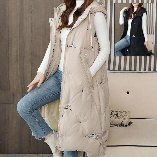 レディースベスト 秋冬　ダウンベスト レディース　中綿ベスト ロング丈 フード付き ポケット付き ダウン アウター トップス 暖かい 防風防寒