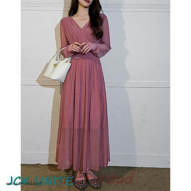 パーティードレス カシュクール Vネック ワンピース ドレス パーティー 結婚式 長袖 袖あり ロング丈 シアー 大きいサイズ ゆったり 体型カバー 春