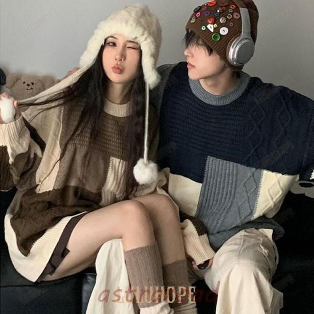 セーター ペアルック メンズ レディース ニット ベージュ グレー 秋 カップル 恋人 親友 友達 姉妹 韓国 可愛い 暖かい トップス 旅行 S M L XL 2XL 3XL 冬