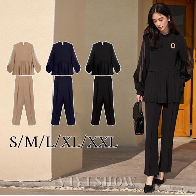 【爆買】オケージョンセットアップ 結婚式 パーティー 大きいサイズ 入学式 卒業式 パンツ シースルー袖 20代 30代 40代