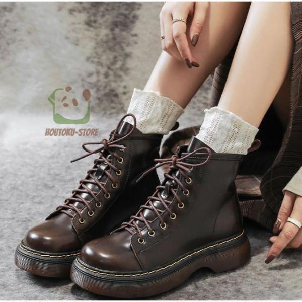 ショートブーツワークブーツレディース編上げブーツハイカット本革フラットお嬢様学生大人靴春秋冬厚底イギリス風革ブーツローヒール