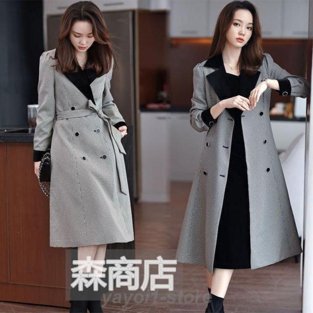 卒業式 母 服 トレンチコート ブレザー 冬服 レディース ロング 千鳥柄 ベルト付き アウター 通勤 おしゃれ 着痩せ フェミニン 韓国風 デート 20代30代40代50代