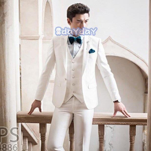 タキシード　メンズスーツセット　３点セット　フォーマル　演奏会　司会　結婚式　スリム　ホワイト　二次会