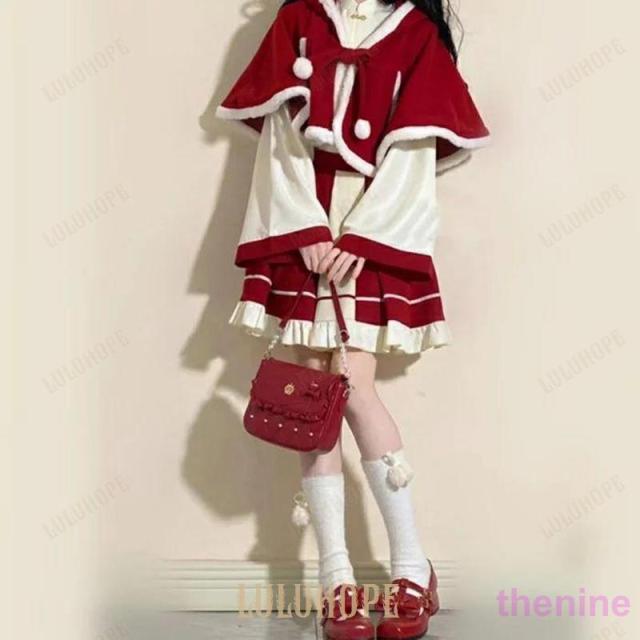 ワンピース トップス マント+シャツ+スカート レディース パフスリーブ セットアップ 3点 長袖 秋冬 もこもこ 可愛い クリスマス S~XL レッド 赤 ホワ