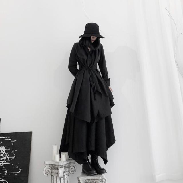 シャツワンピース ロングワンピース アシンメトリー 斜めドレープ ロングシャツ ワンピース レディース フィッシュテール シャツワンピース モード系 原宿系 ゴ