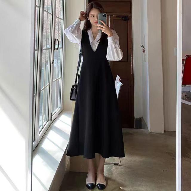 Vネック ジャンパースカート A型スカート ワンピース レディース ロング ジャンスカ