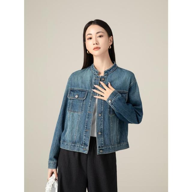 デニムジャケット Gジャン レディース ジャンパー ジージャン ノーカラー カジュアル アウター ブルゾン ジャケット シルエット フェミニン 着痩せ