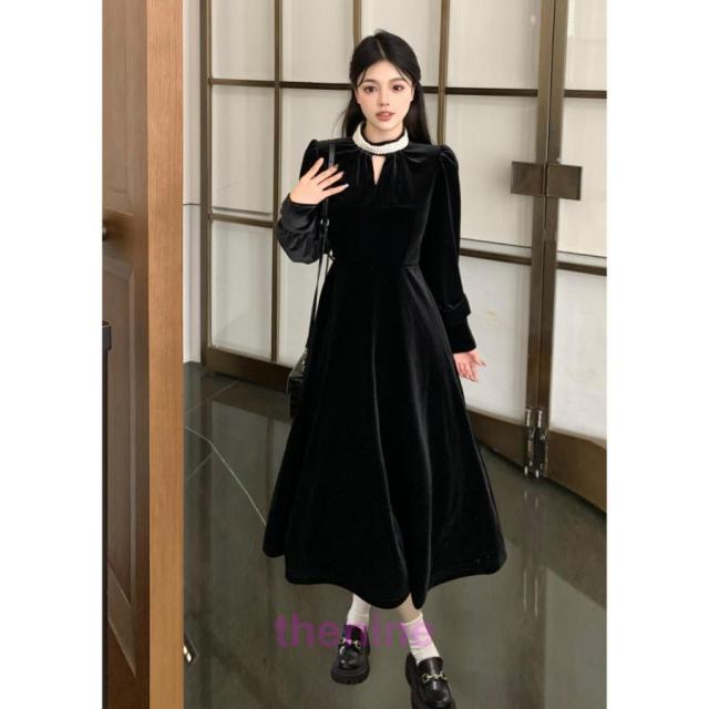 ワンピースレディース30代40代ロング丈長袖AラインVネックベロアリボン付き可愛い結婚式ドレス二次会パーティドレス通勤お呼ばれお洒落上品