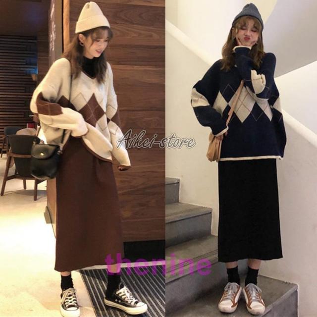 ニットセットアップ レディース 40代 秋冬 長袖セーター チェック柄 黒タイトスカート ニットセットアップ オシャレ韓国風 着痩せ 通勤 カジュアル