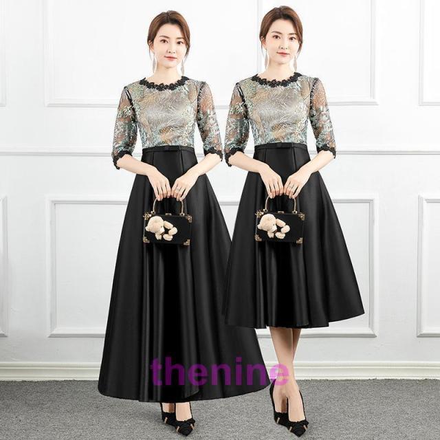 パーティードレス 結婚式ワンピースフォーマルドレス 大きいサイズ 袖あり 体型カバー 成人式卒業式 入学式同窓会20代 30代 40代 ロングドレス カラードレス