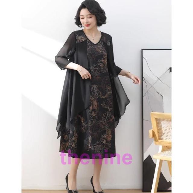 ワンピースドレス 50代 60代 パーティードレス 結婚式 お呼ばれドレス 50代 大きいサイズ 3L 袖あり 七分袖 重ね着風 ミモレワンピース ロング丈 シアー Vネック