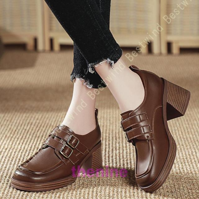 大人シンプルローファー パンプス レディース 靴 シューズ マニッシュ 太ヒール チャンキー ハイヒール 履きやすい 7cm スムース 黒 走れる 痛くない