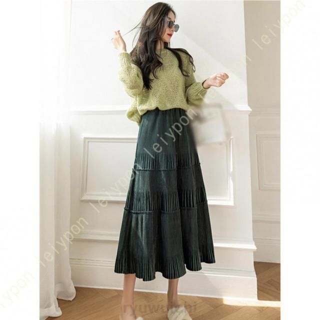 コーデュロイ スカート 春 秋 冬 ハイウエスト 厚手 スカート 暖かい レディース ニット×フレアスカート スカート 通勤 着痩せ ウエストゴム 脚長効果