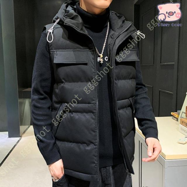 メンズ ダウンベスト 秋冬 厚手 防寒ノースリーブパーカー 中綿入れ ジップアップ アウター 立ち襟 欧米風 無地 中綿ベスト 大きいサイズ ベスト ジャケット