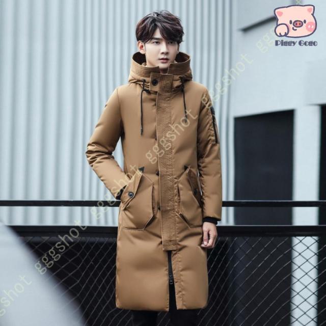 メンズ あったかい ロングジャケット ダウンジャケット ダウンコート ロング丈 アウター トップス 厚手 フード付き ジッパー ファッション おしゃれ