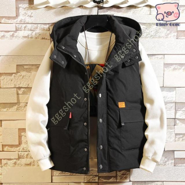 ダウンベスト メンズ 中綿ベスト 防寒コート 秋 冬 春 中綿 防風 アウトドア フード付き シンプル 無地 アウター ゆったり ジップアップ ポケット付き 袖なし