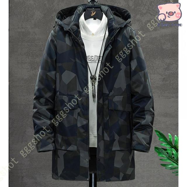 メンズ ダウンジャケット 冬 厚手 ロングコート 長袖 フード付き 迷彩柄 防寒 アウター スリム ハンサム 暖かい ジャケット お洒落 軽量 登山 釣り キャンプ