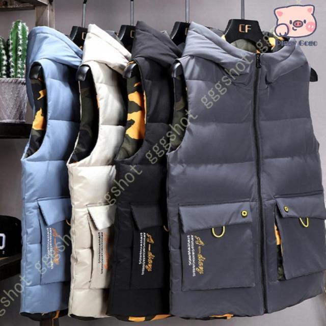 ダウンベスト メンズ 中綿ベスト中綿入り 立ち襟 軽量 防寒 暖かい 防寒コート 秋 冬 春 防風 アウトドア フード付き シンプル 無地 アウター ジップアップ