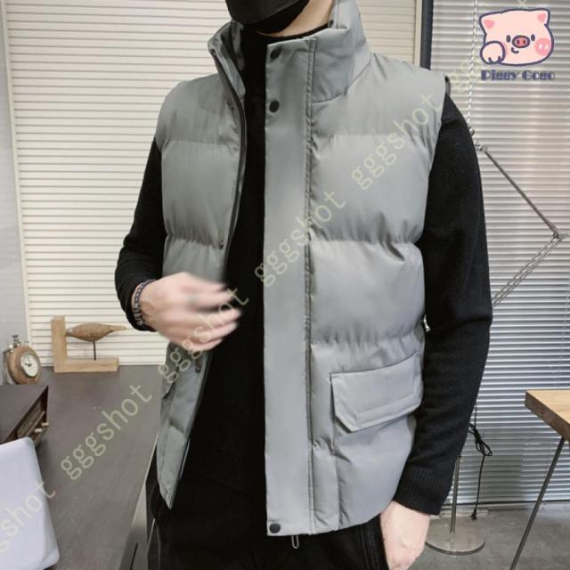 中綿ベスト 秋冬春 ダウンベスト メンズ 立ち襟 ノースリーブ 防寒対策 暖か 防風 撥水 光沢 ツヤツヤ お洒落 チョッキ 袖なし 冬服 ショート フォーマル