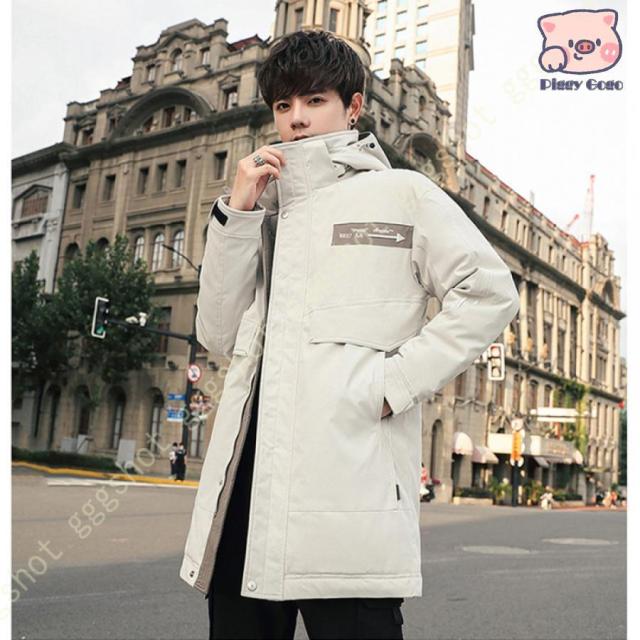 ダウンコート ハーフ丈 メンズ ダウンジャケット 長袖 厚手 細身 防寒 あったか フード付き 保温 男性用 アウター おしゃれ 無地 中綿ダウンジャケット コート