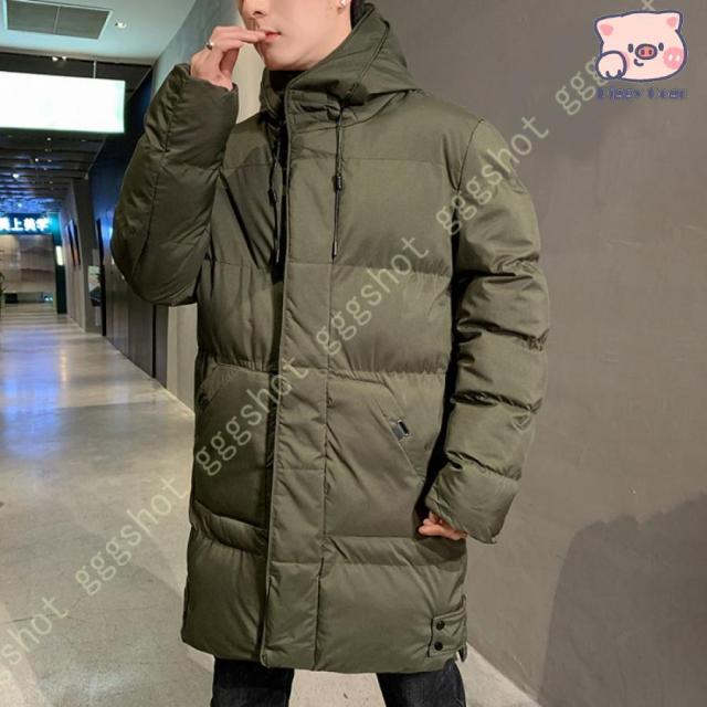 メンズ ロング ダウンジャケット 長袖 厚手 秋冬 無地 ダウンコート 中綿 フード付き 防風 暖かい 綿入れ アウター ゆったり カジュアル 登山 旅行 おしゃれ