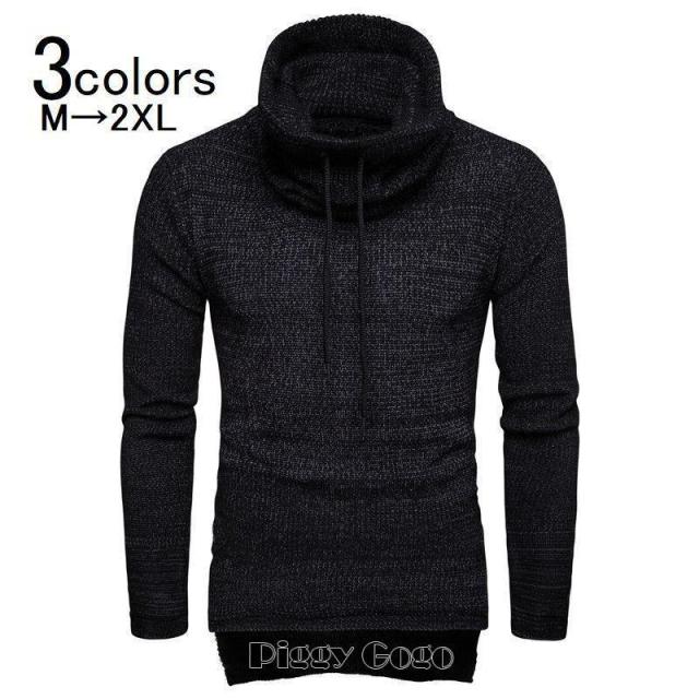 ニット セーター ハイネック タートルネック 長袖 メンズ トップス プルオーバー 紐付き 袖口穴 親指穴 重ね着風 2重裾 シンプル 柄なし 無地