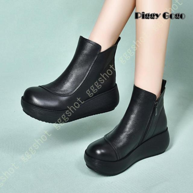 ショートブーツ 本革 冬靴 レディース ハイヒール ウェッジヒール ショート ブーツ PUレザー ラウンドトゥ 美脚 大きいサイズ 小さいサイズ 歩きやすい 安定感