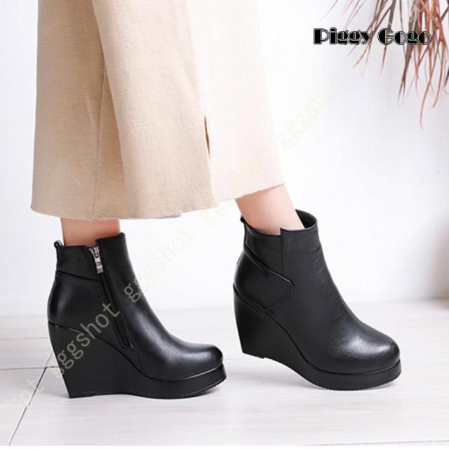厚底 ウェッジソール 本革 10センチヒール ブーツ レディース エンジニアブーツ 牛革 ショートブーツ サイドジッパー 身長 アンクルブーツ プラットフォーム