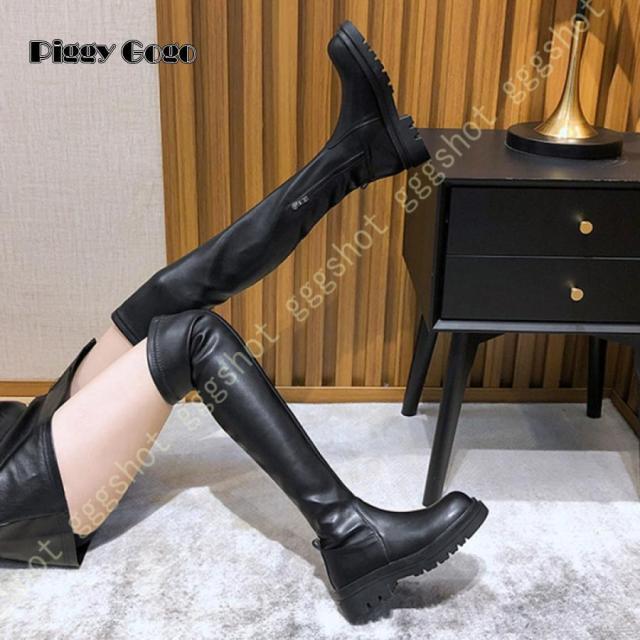 レディース ロングブーツ 歩きやすい ニーハイブーツ 黒 美脚 太ヒール 厚底 ローヒール ブーツ 長靴 高筒ブーツ ストレッチブーツ 長ブーツ 秋冬 シンプル