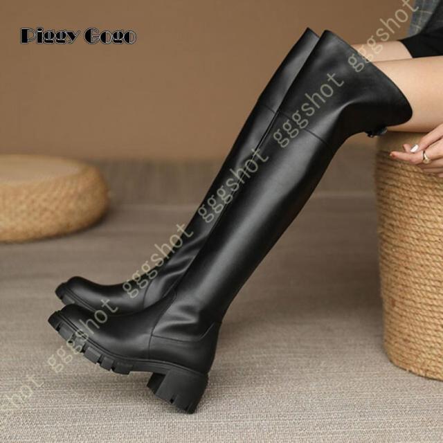 厚底ブーツ ニーハイブーツ レディース 前厚 ラウンドトゥ サイハイブーツ きれいめ 美脚 エナメル 牛革 痛くない 歩きやすい 袴ブーツ コスプレ