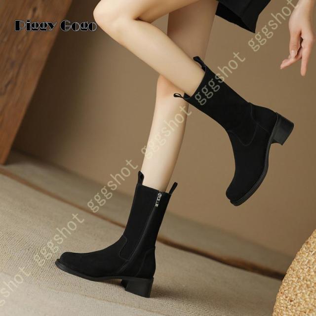 ブーツ 太ヒール ショートブーツ レディース スエード調 チャンキーヒール ミドル丈 サイドジップ 本革 レザー 幅広 甲高 歩きやすい ブラック ブラウン