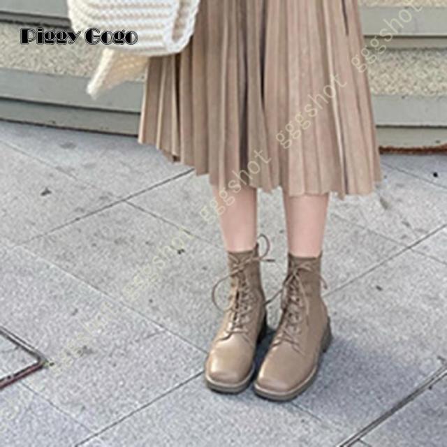 レースアップショートブーツ レディース スクエアトゥブーツ 編み上げブーツ 秋冬 美脚 本革 太ヒール ローヒール バックジップ ショートブーツ 柔らかい
