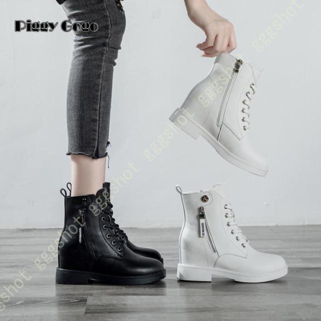 7.5cm身長アップ シークレットブーツ レディース 厚底 ショート ブーツ レースアップ 編み上げ ハイカット インヒール コスプレ靴 コスプレブーツ 美脚
