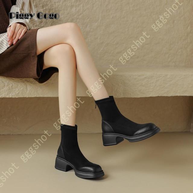 厚底 スクエアトゥ ストレッチブーツ ショートブーツ レディース 黒 ブーツ 太ヒール バックジップ 皮革 レザー スエード チャンキーヒール 6.5cmヒール