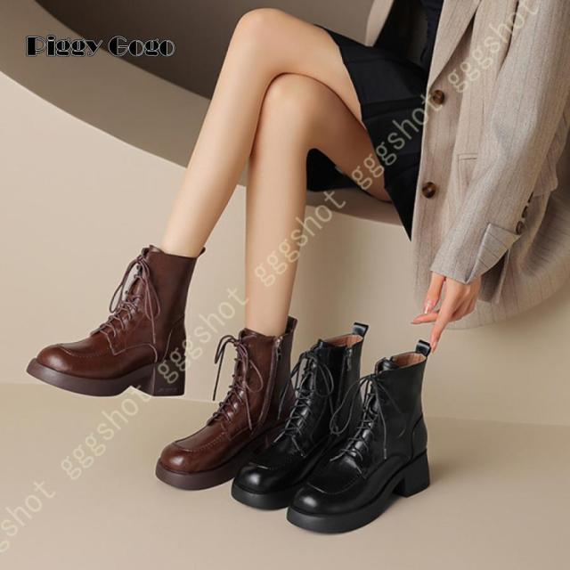 5.5CM レースアップ 厚底 ショートブーツ レディース 太ヒール 編み上げブーツ 黒 サイドジップ 美脚 歩きやすい オシャレ 疲れない ミドルブーツ