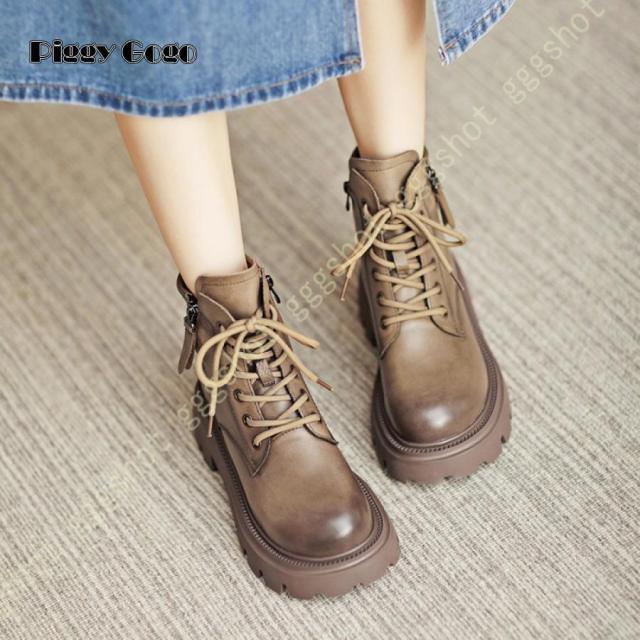 レディース レースアップブーツ 厚底 7ホール ミドルブーツ 編み上げ サイドジップ ブラック 太いヒール 可愛い ショートブーツ 厚底ブーツ コスプレ