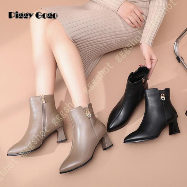 ブーツ レディース ショート スクエアトゥ ブラック 黒 本革ブーツ 靴 太ヒール チャンキーヒール 歩きやすい 防寒 ふわふわ 低反発 防滑ソール